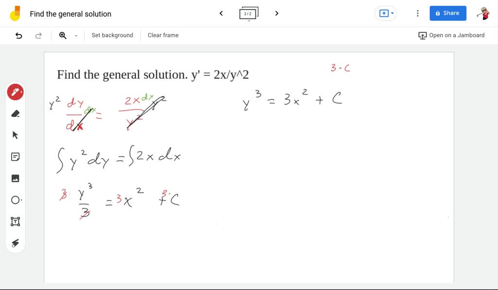 SOLVED: Find the general solution. y' = 2x/y^2