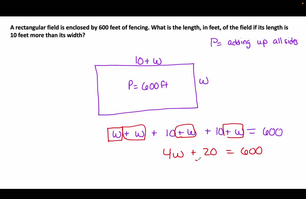 SOLVED: A rectangular field is enclosed by 600 feet of fencing. What is ...