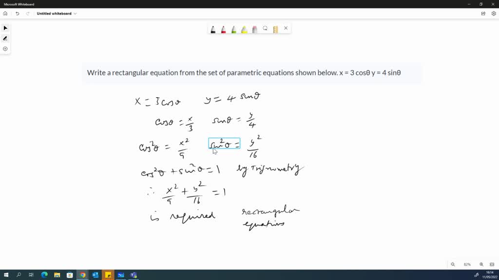 SOLVED: Write a rectangular equation from the set of parametric equations shown below. x = 3 ...
