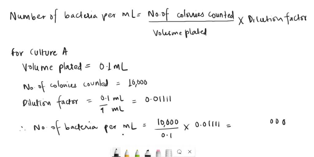 SOLVED: CALCULATE THE NUMBER OF BACTERIA PER MILLILITER OF CULTURE Culture A water blanks: 9ml ...