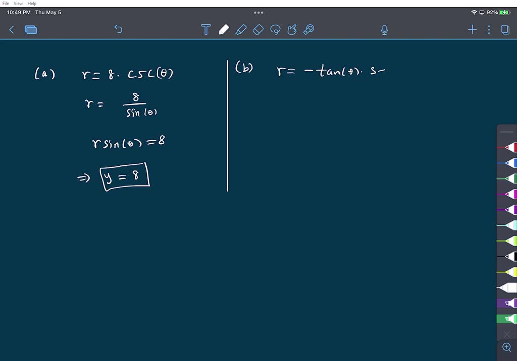 SOLVED: point) Find cartesian equation for the polar curve: a)r = 5 cSc ... SOLVED: point) Find cartesian equation for the polar curve: a)r = 5 cSc ...