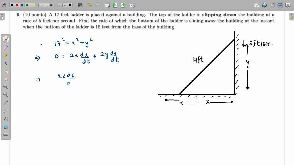 SOLVED: 6. (10 points) A 17 feet ladder is placed against building: The ...