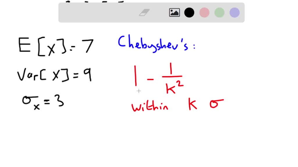 SOLVED: Given the information E[X] = 7 and var( X) = 9, use the Chebyshev inequality to find ...