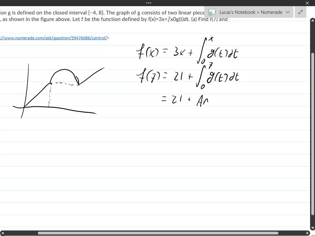 The function g is defined on the closed interval [−4, 8]. The graph of g consists of two linear ...