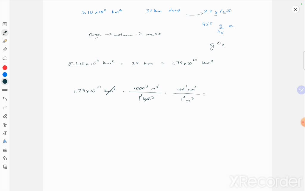 SOLVED: The earth’s surface area is 5.10x10^8 km2. It’s crust has a ...