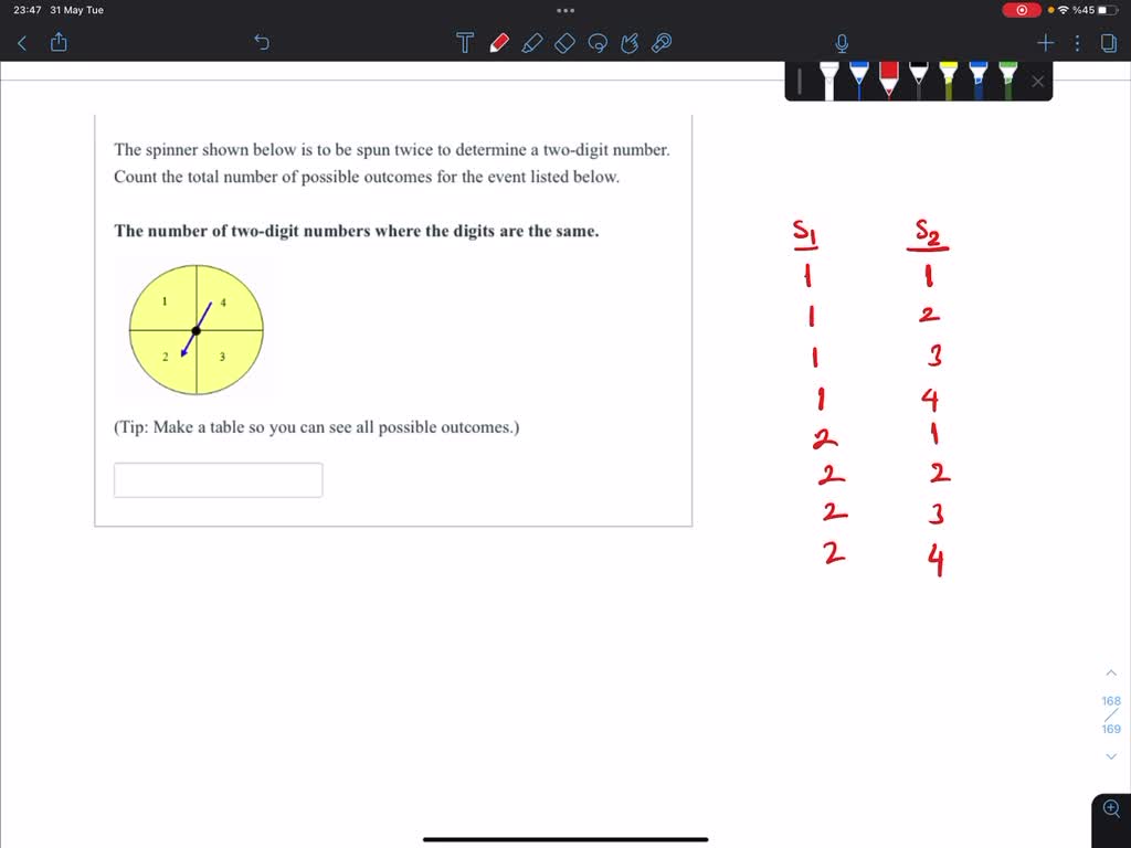 SOLVED: 'The spinner shown below is to be spun twice to determine two-digit number: Count the ...