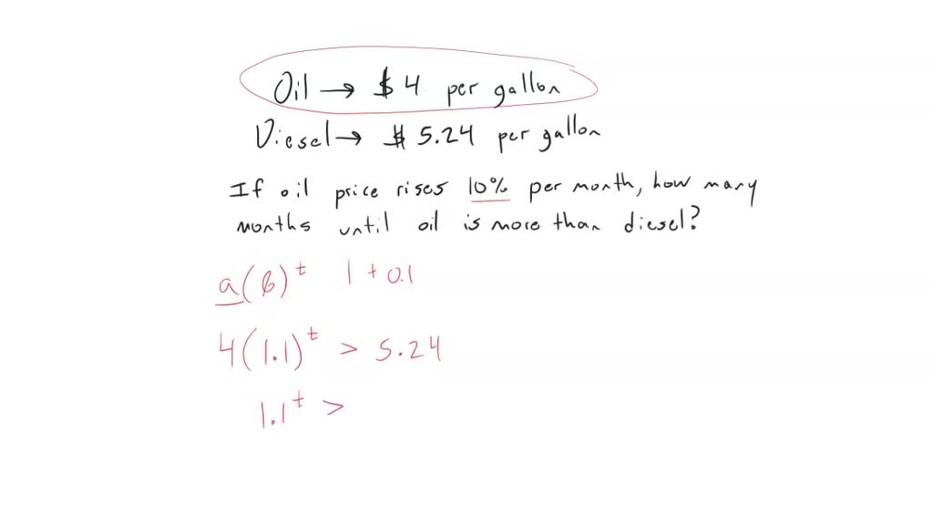 SOLVED: Oil costs 4 per gallon and diesel costs 5.24 per gallon. If the ...
