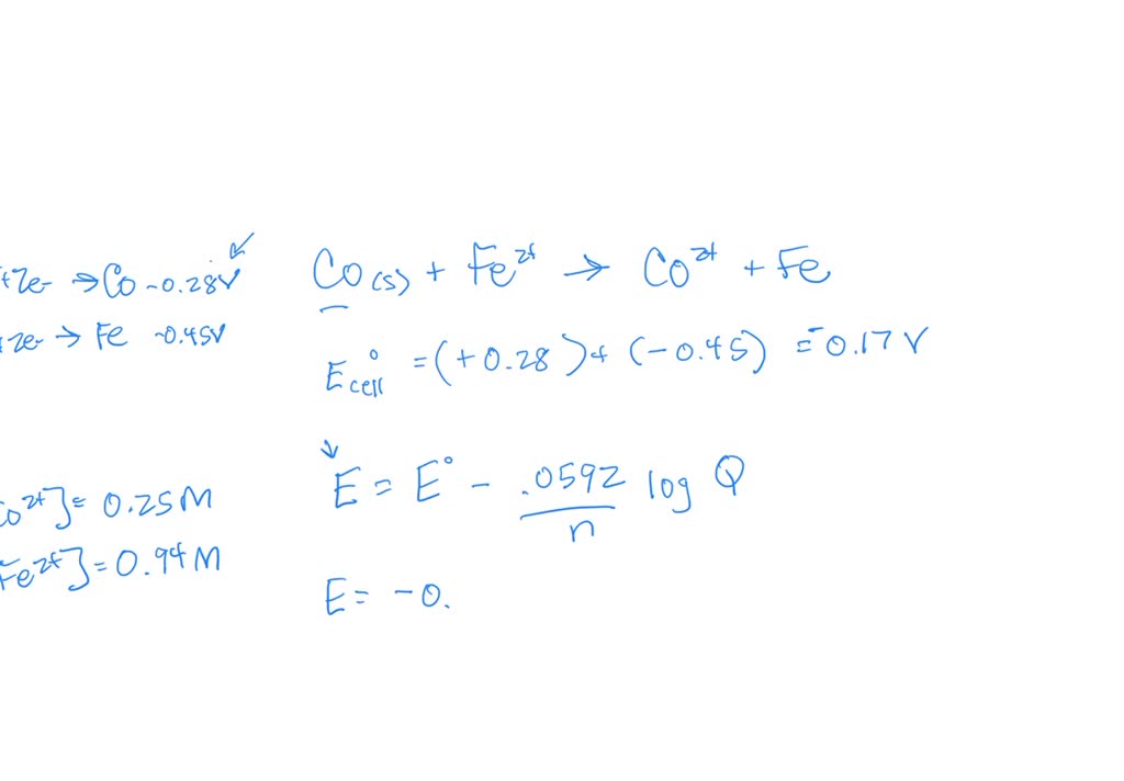 Calculate the 𝐸𝑐𝑒𝑙𝑙 of the reaction 𝐶𝑜(𝑠) + 𝐹𝑒2+(𝑎𝑞) → 𝐶𝑜2+(𝑎𝑞) + 𝐹𝑒(𝑠 ...