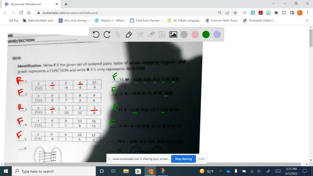 SOLVED: 'QUIZ: Identification. Write F if the given set of ordered pairs, table of values ...
