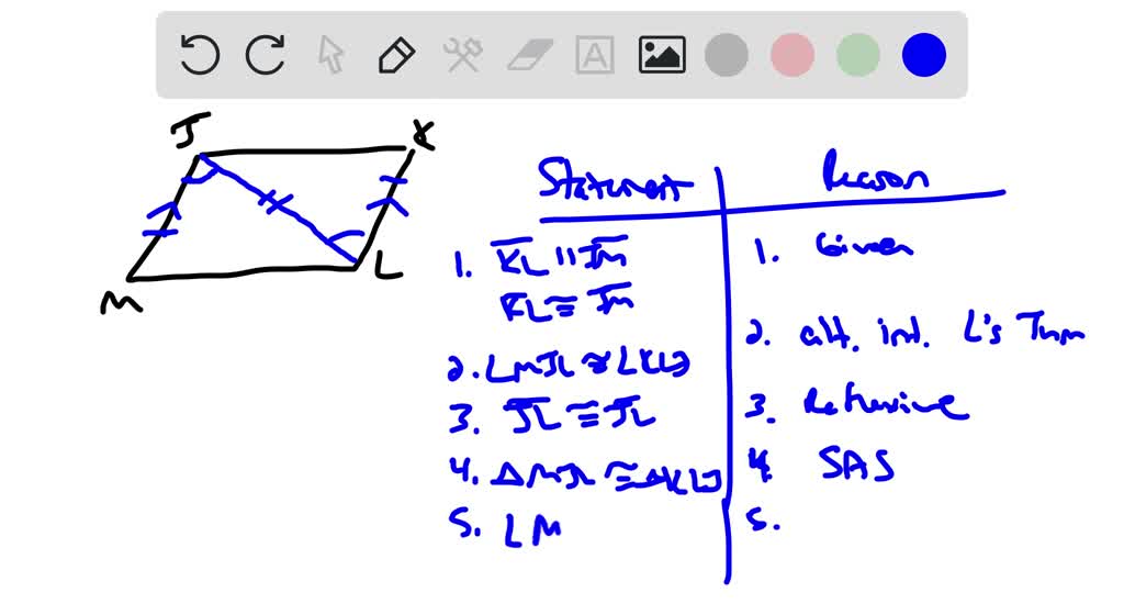Draw a quadrilateral JKLM: Given: KL I JM, KL = JM Prove: JKLM is a ...