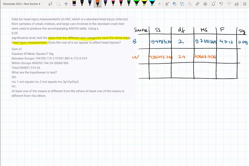 SOLVED: Data for head injury measurements (in HIC, which is a standard ...