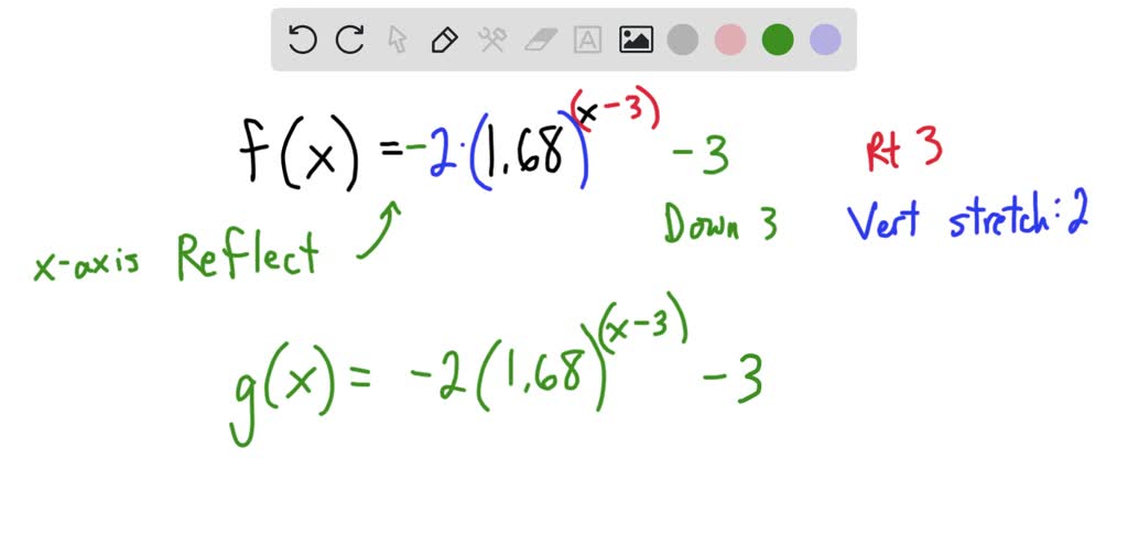 SOLVED: The graph of f(x) = (1.68)* is shifted right units, stretched vertically by factor of 2 ...