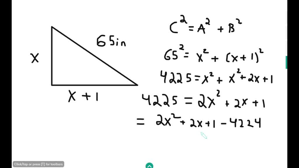 The hypotenuse of a right triangle is 65 inches long: One leg is inch ...