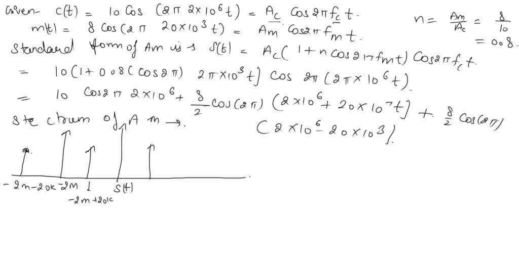 SOLVED: If a carrier c(t) = 10 cos (2π 2*106t) is modulated by a single ...
