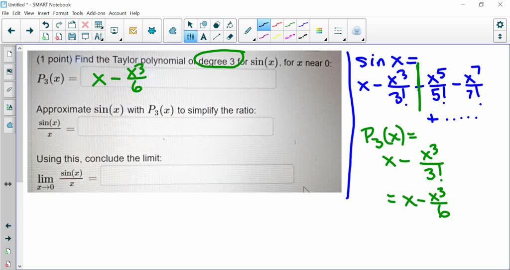 SOLVED: (1 point) Find the Taylor polynomial of degree 3 for sin(x ...