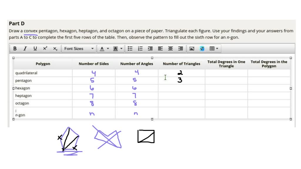 'PLEASE HELP ME!!!!!!!!!! Part D Draw convex pentagon, hexagon; heptagon, and octagon on piece ...