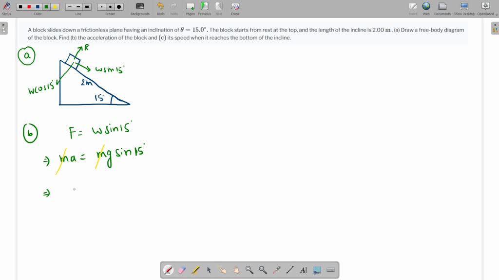 SOLVED:A block slides down a frictionless plane having an inclination ...