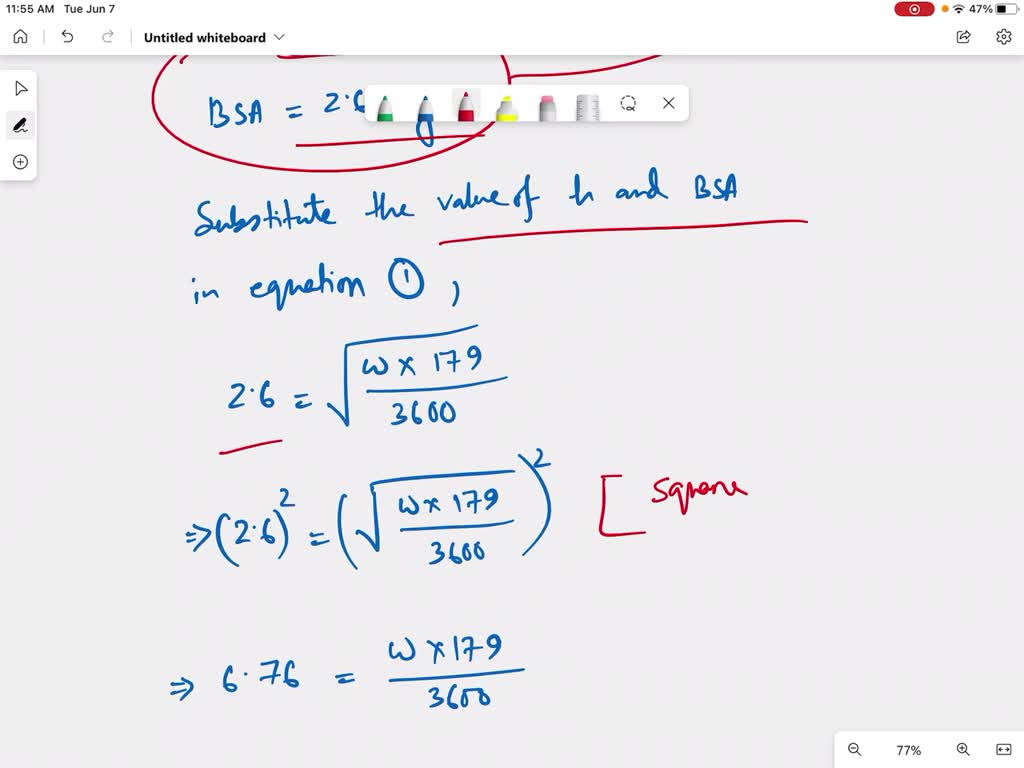 SOLVED: Use a model for body surface area, BSA, such that BSA = wh 3600 ...