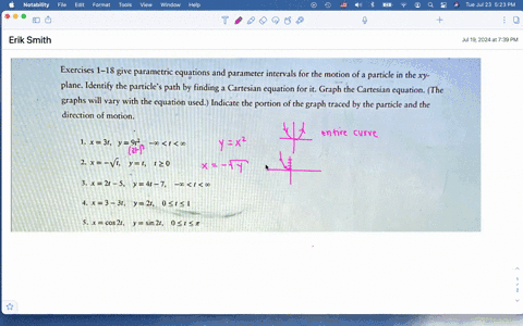 Finding Cartesian from Parametric Equations Exercises 1-18...