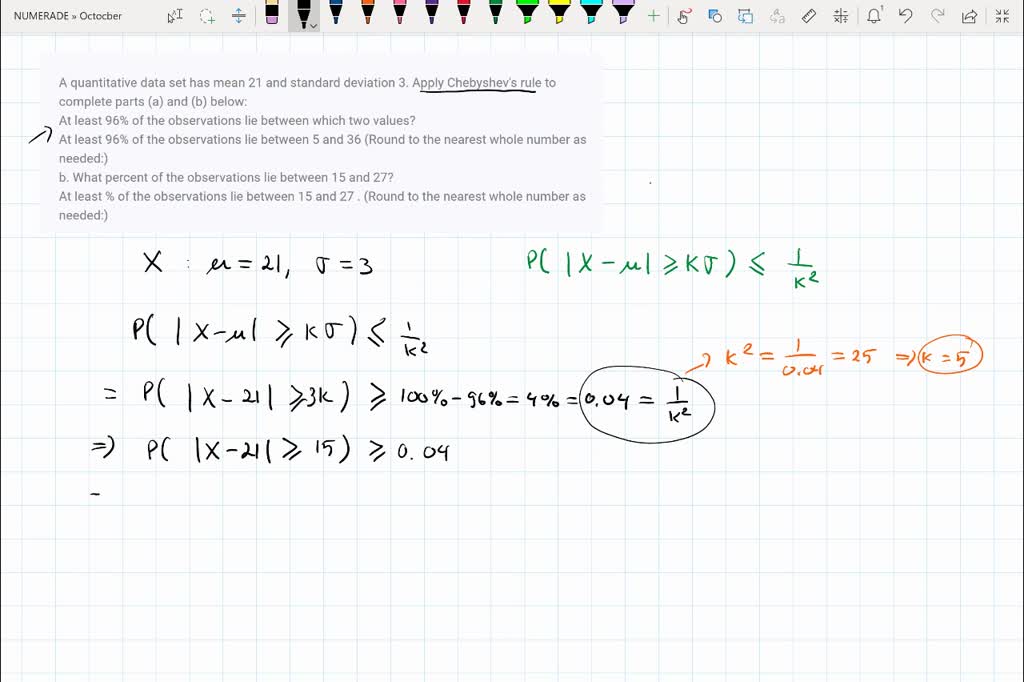 SOLVED: A quantitative data set has mean 17 and standard deviation 2. Apply Chebyshev's rule to ...