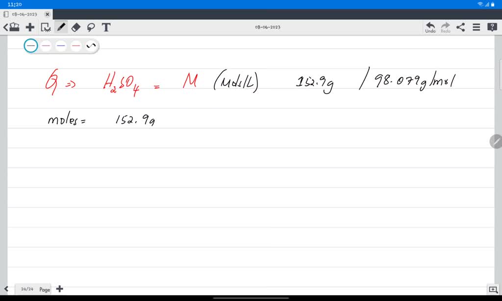 SOLVED: Calculate the molarity ( M ) of 152.9 g of H2SO4 in 1.075 L of ...