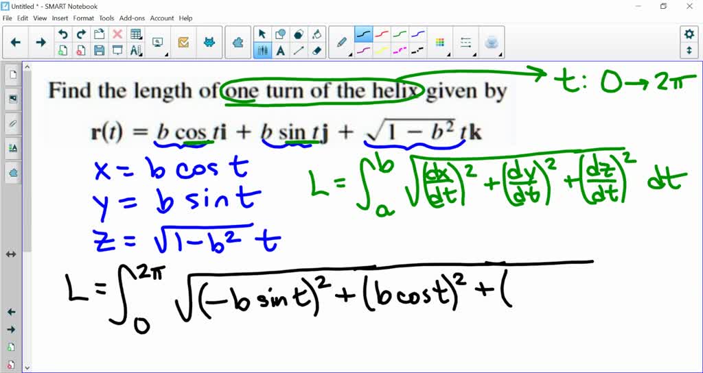 SOLVED: Find the length of one turn of the helix given by r(t) = b cos ...