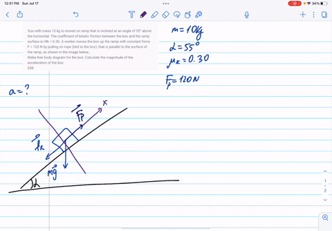 a box with mass 100 kg moves on a ramp that is inclined at an angle of ...