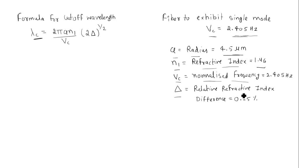 SOLVED: Find the cutoff wavelength for a step index fiber with core refractive index equals 1.46 ...