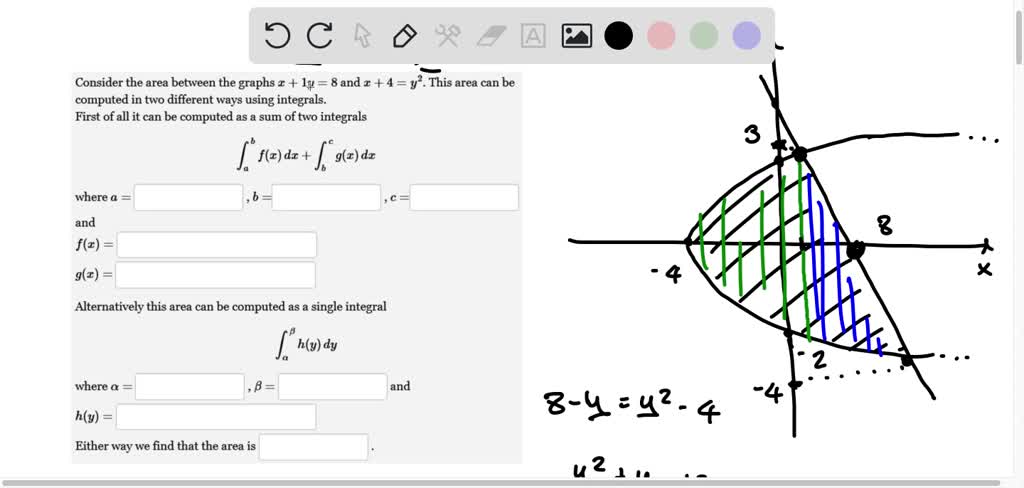 SOLVED: Consider the area between the graphs € + ly = 8 and € + 4 = y2. This area can be ...