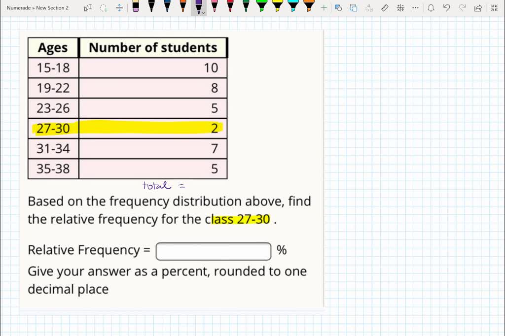 SOLVED: Ages Number of students 15-18 10 19-22 8 23-26 5 27-30 2 31-34 ...
