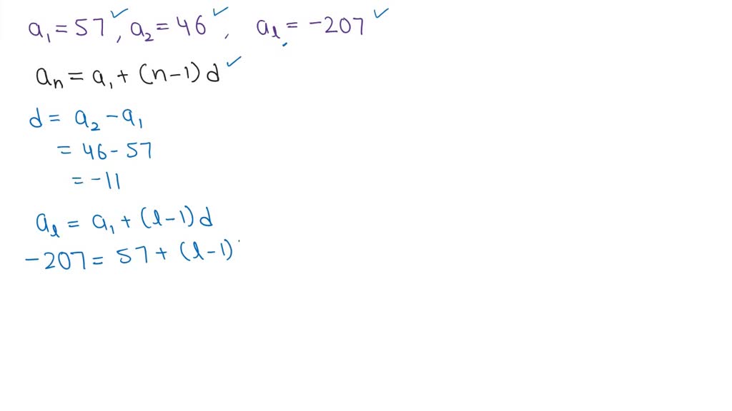 SOLVED: The first two terms in an arithmetic progression are 57 and 46 ...