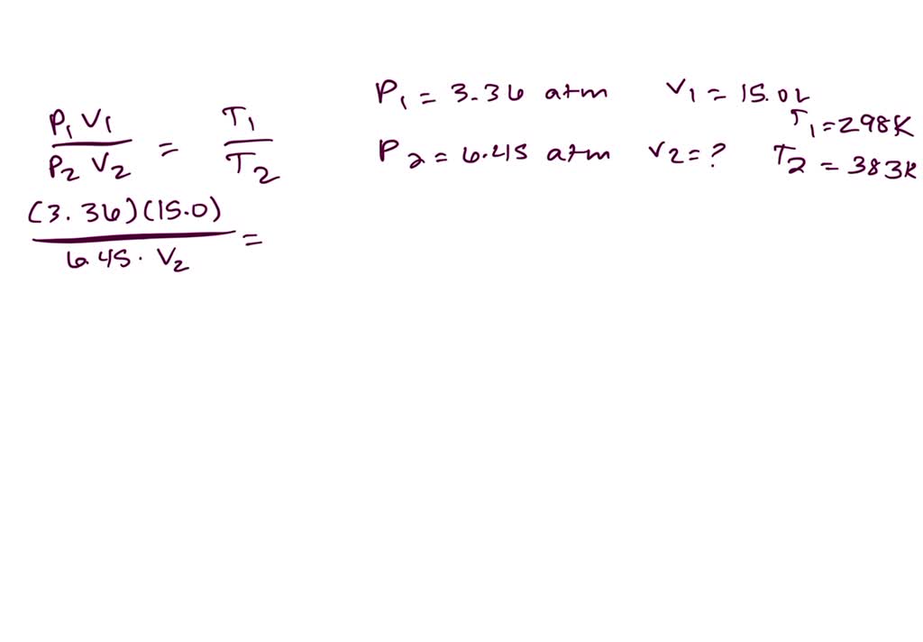 15.0 L of an ideal gas at 298 K and 3.36 atm are heated to 383 K with a new pressure of 5.45 atm ...