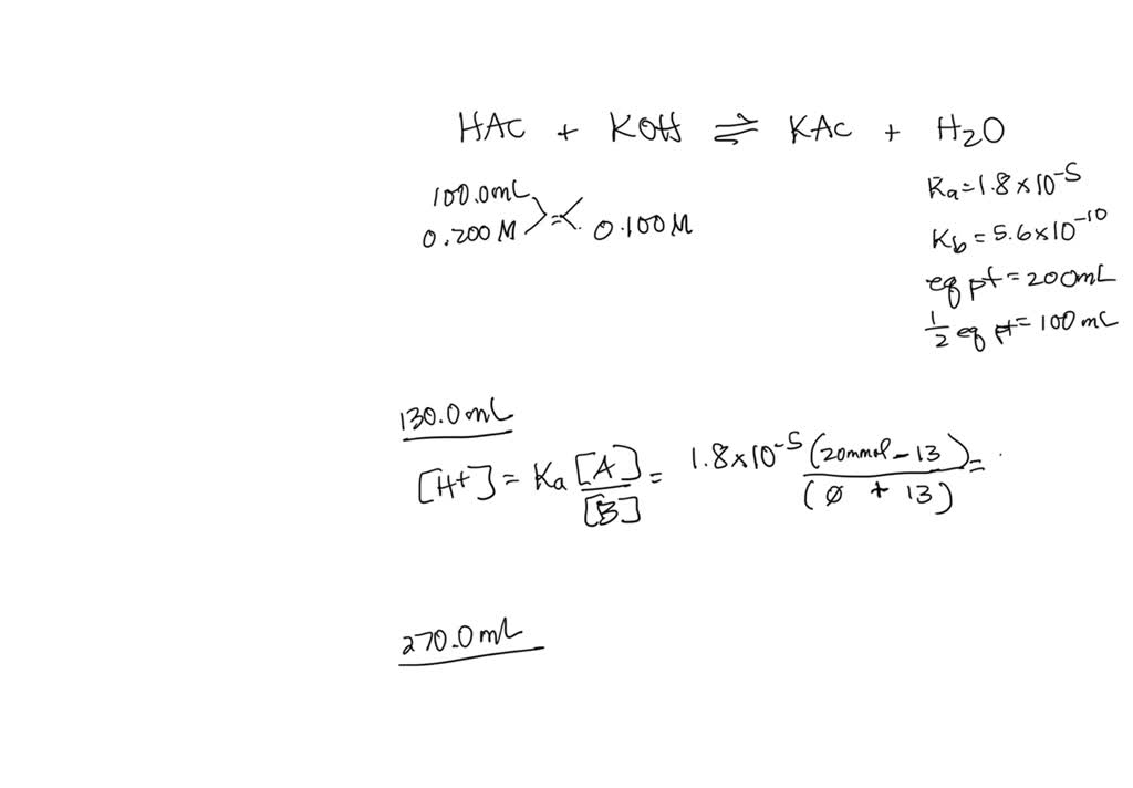 SOLVED: Consider the titration of 100.0 mL of 0.200 M acetic acid Ka 1.8 x 10-5) by 0.100 M KOH ...