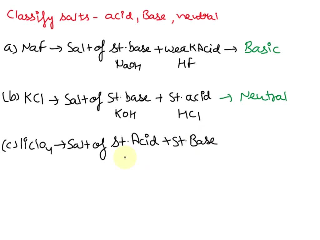 SOLVED: Classify these salts as acidic, basic, or neutral. NaF KCl ...