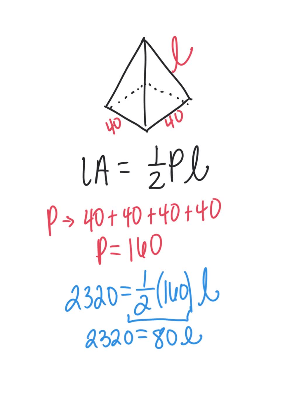 SOLVED: The lateral area of a pyramid with a square base is 2320 inÂ² ...