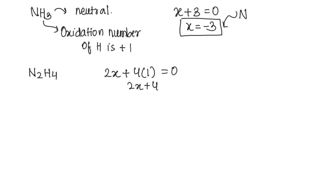 SOLVED: What are the oxidation numbers of nitrogen in each of the following compounds NH3, N2H4 ...