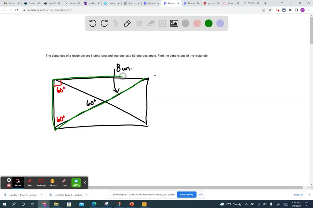 SOLVED: The diagonals of a rectangle are 8 units long and intersect at ...