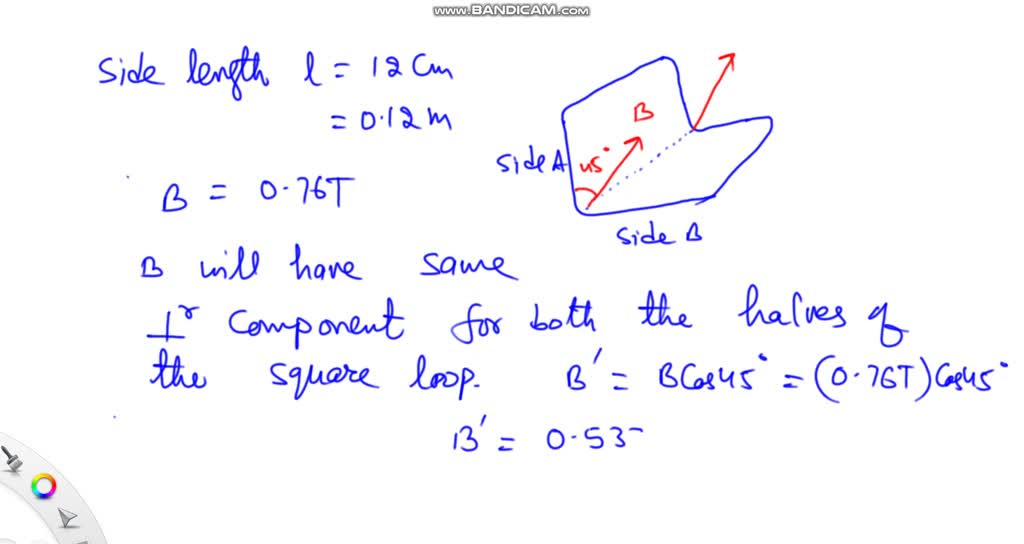 A square loop of wire, with sides of length 12 cm, is bent by 90∘ along ...