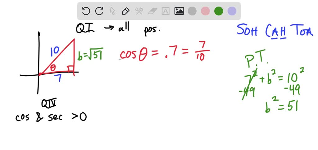 SOLVED: given that cos of theta is 0.7 find the other five trig functions