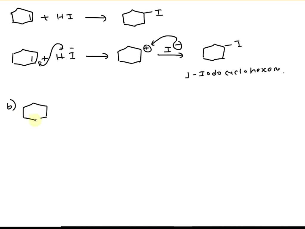 SOLVED: 1) Draw the mechanism for the reaction of 1-hexene with HI. 3) Draw the mechanism for ...