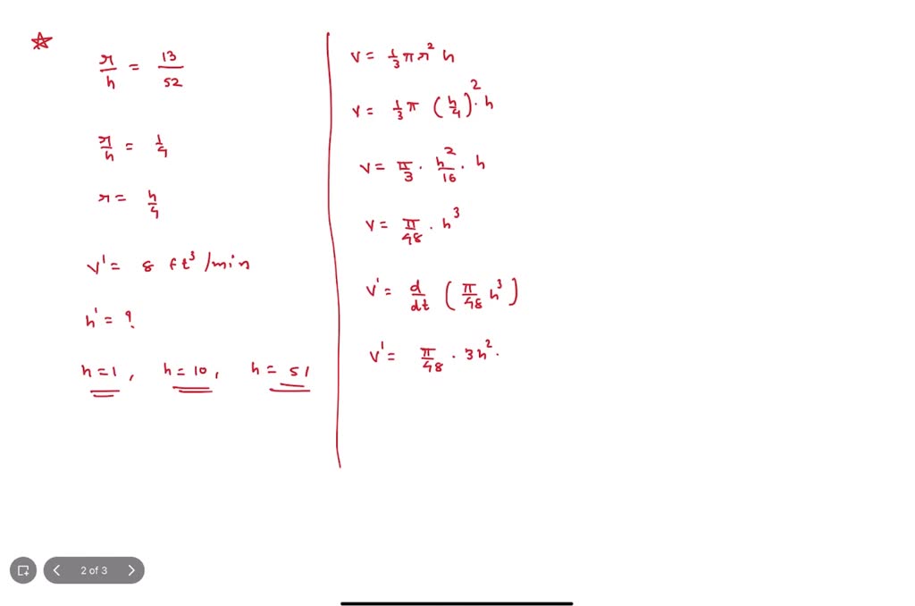 SOLVED: An inverted cylindrical cone, 52 ft deep and 26 ft across at ...