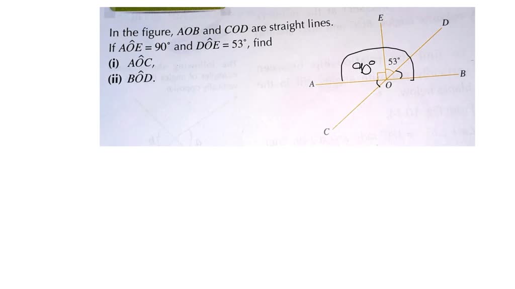 SOLVED: In the figure, AOB and COD are straight lines. If AOE = 90Â° and DOE = 53Â°, find (i ...