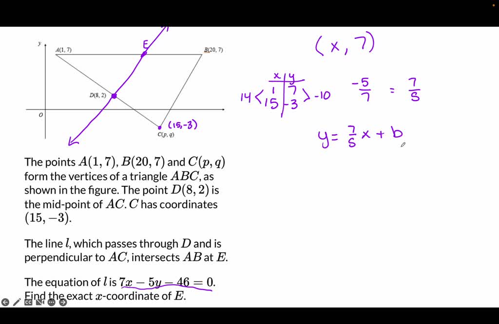SOLVED: A(1, 7) B(20, 7) D(8, 2) C(p, 9) The points A(1, 7), B(20, 7 ...