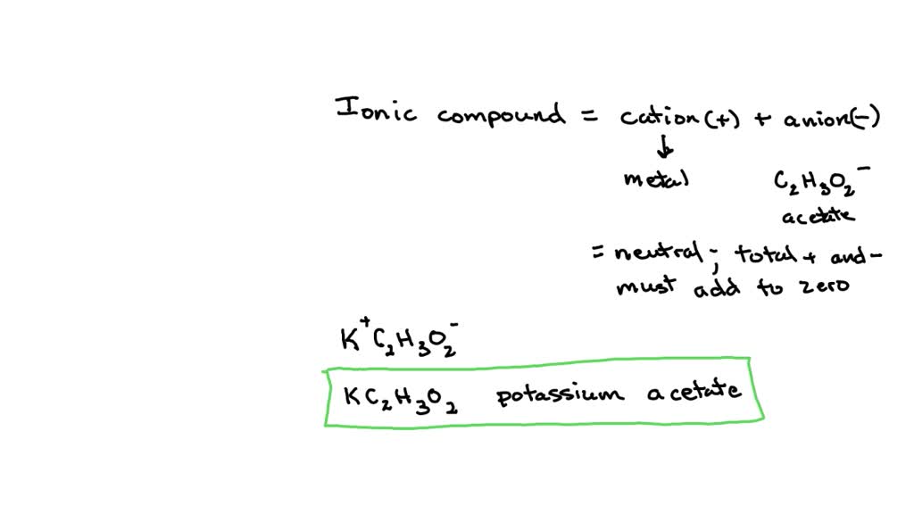 SOLVED: The chemical formula when K combines with C2H3O2âˆ’ is KC2H3O2 ...