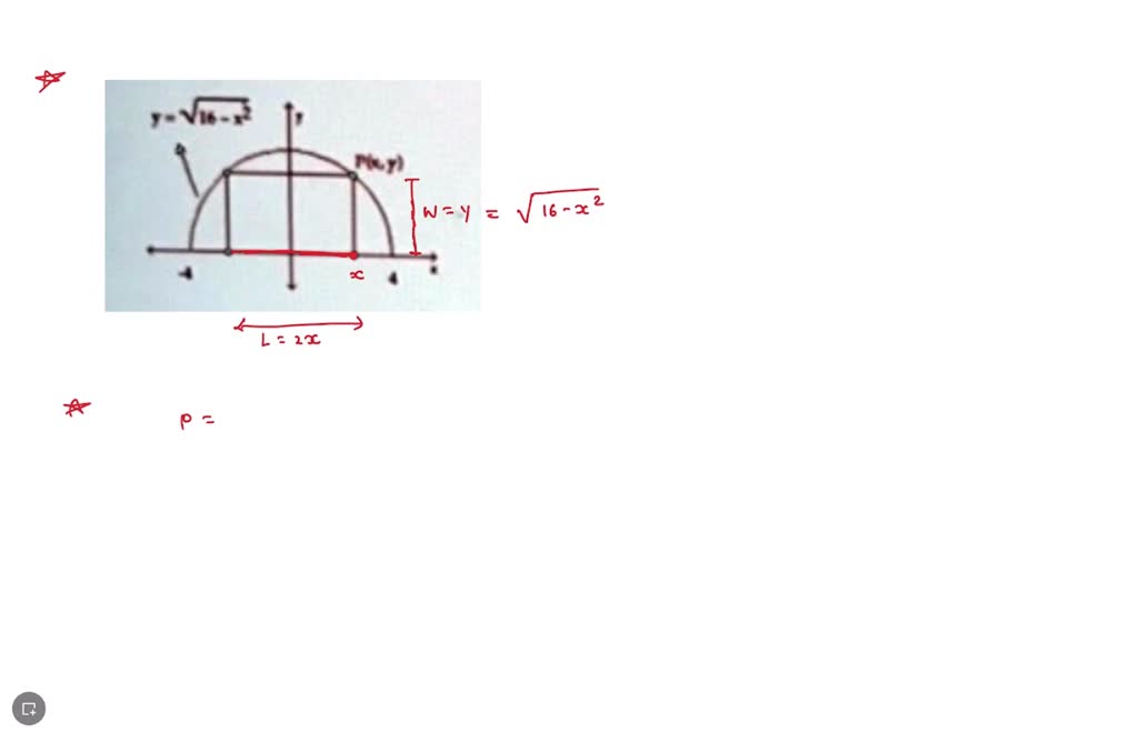 SOLVED: The figure shows a rectangle with two vertices on a semicircle of radius 4 and two ...