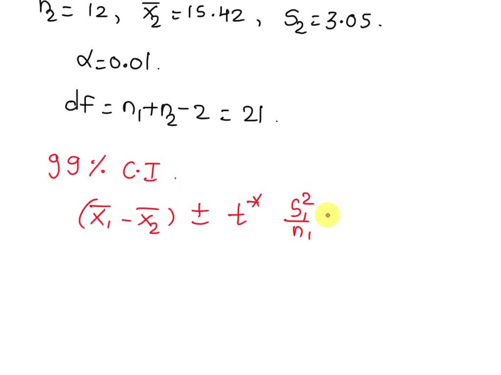 SOLVED: Calculate the 99% confidence interval for the difference (mu1 ...
