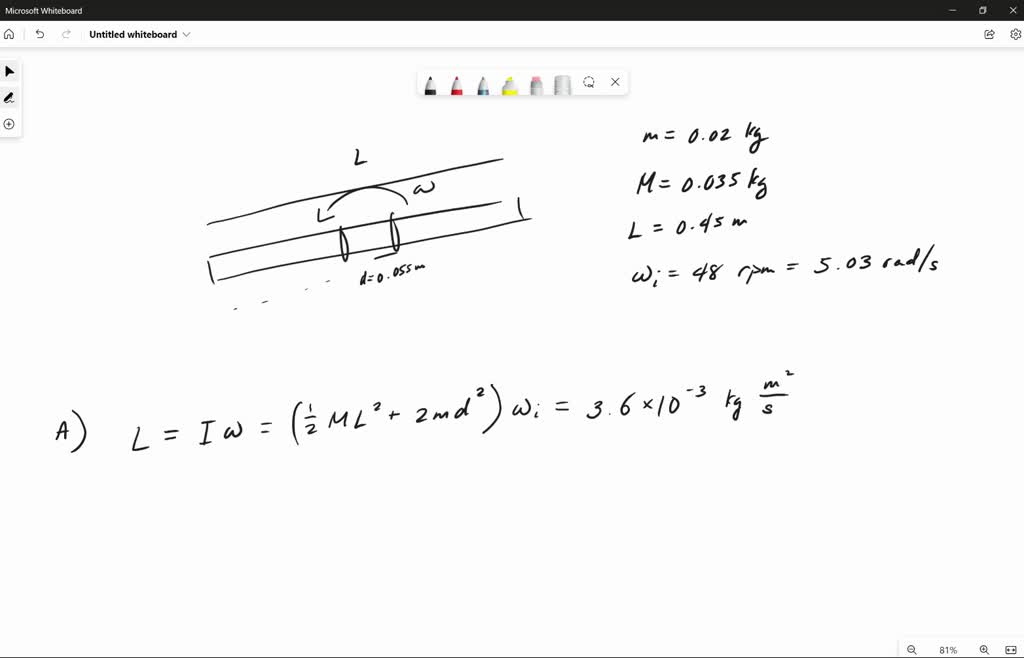 SOLVED: A uniform, 0.0350 kg rod of length 0.450 m rotates in a ...