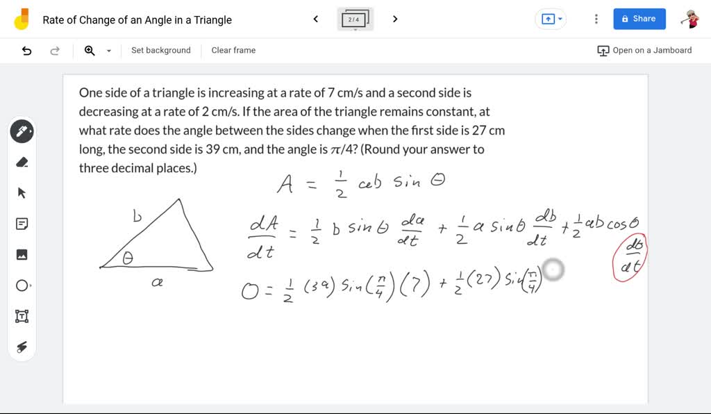 SOLVED: One side of a triangle is increasing at a rate of 9 cm/s and a ...