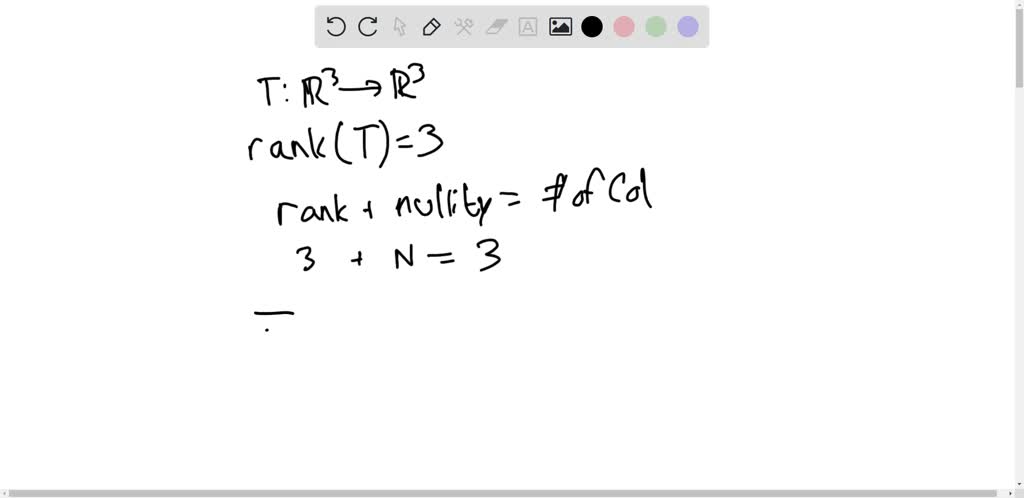 SOLVED: Let T R3 R3 be a linear transformation such that rank(T) 3 . Find the nullity of T and ...