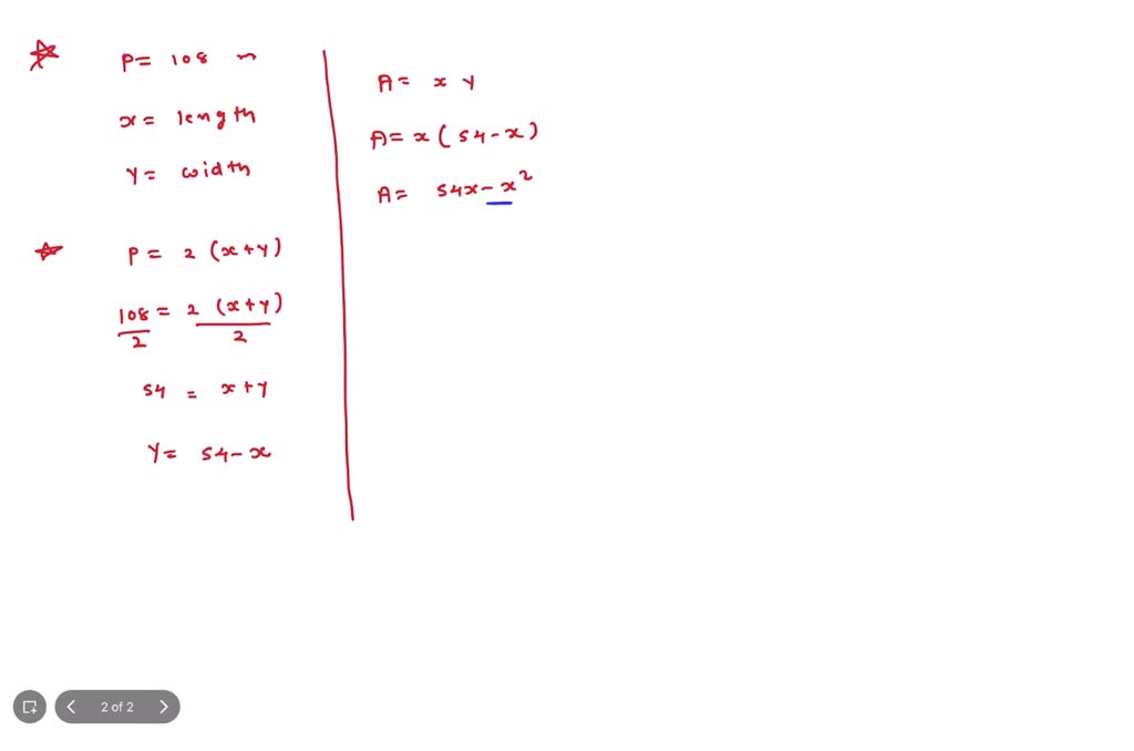 SOLVED: Find the dimensions of a rectangle with perimeter 108 m whose area is as large as ...
